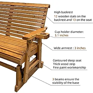 Fortune Candy Patio Glider with Cup Holders, High Roll Back and Deep Contoured Seat, 2-Seater, Heavy Duty 800 Lb, 4 Feet (Brown 4 Ft)