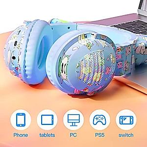 KERHAND 2023-NEW Cosplay Cute Cat Ear Wireless Headphones, Bluetooth Earphones with Foldable LED Light(RGB), Perfect for Gaming and Music,Compatible Phone Tablet or Laptop(Blue)