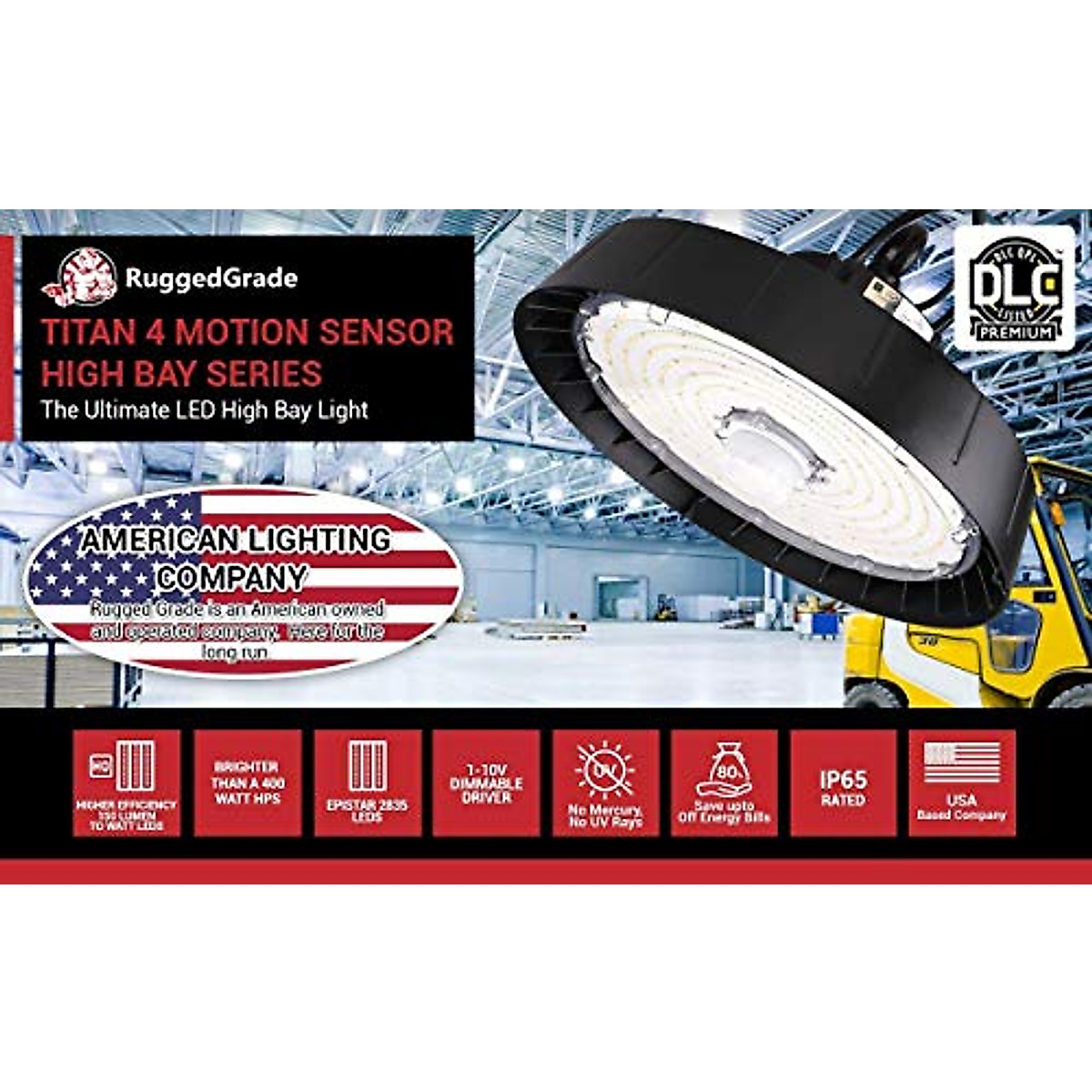 RuggedGrade Titan IV Series Motion Sensor 35,000 Lumen LED High Bay Light - 240 Watt LED High Bay Lighting UFO LED Light - Ultra Efficient 145 Lumens to watt - 5000K - DLC 5.1 Premium - Rugged Grade