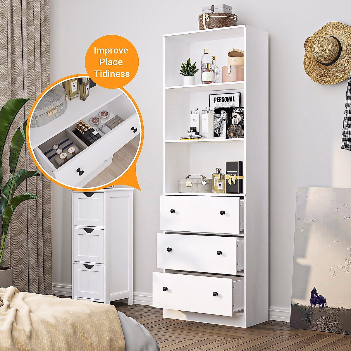 MECHYIN Bookcase and Bookshelf with Drawer, 71" Wooden Tall Storage Cabinet, Bookcase with 3 Drawers and 3-Tier Open Shelves, Home Decor Furniture for Living Room, Bedroom, Kitchen, Home Office, White