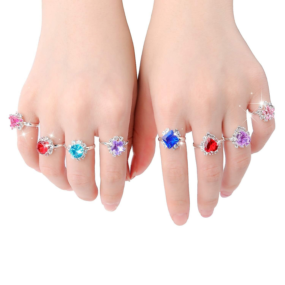 Hifot 12 pcs Girls Crystal Adjustable Rings, Princess Jewelry Finger Rings with Heart Shape Box, Girl Pretend Play and Dress up Rings for Children Kids Little Girls - Random