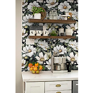 HAOKHOME Floral Wallpaper Peel and Stick Vintage Removable Wall Paper Black/Green/White Stick on Wall Mural Contact Paper 17.7in x 9.8ft