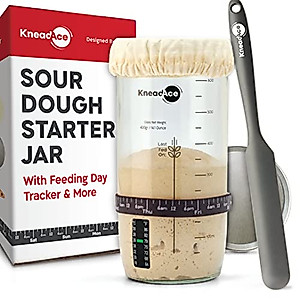 KneadAce Sourdough Starter Jar With Date Marked Feeding Band, Thermometer, Sourdough Jar Scraper, Sourdough Container Sewn Cloth Cover & Metal Lid, Sourdough Starter Kit For Sourdough Bread Baking