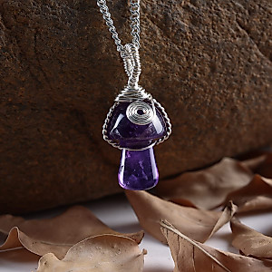 Tsnamer Mushroom Crystal Necklace Wire Wrapped Crystal Mushroom Pendant Necklace for Women Jewelry Gifts (Amethyst Silver)