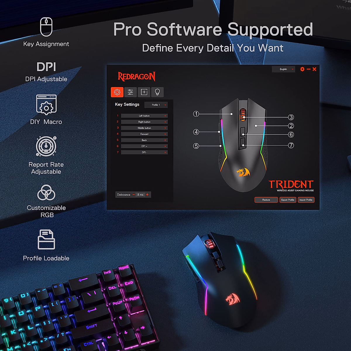 Redragon M693 Wireless Gaming Mouse, 8000 DPI Wired/Wireless Gamer Mouse w/ 3-Mode Connection, BT & 2.4G Wireless, 7 Macro Buttons, Reliable Power Capacity for PC/Mac/Laptop