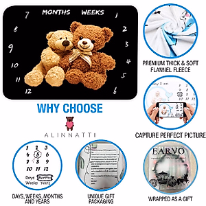 EARVO Cute Bear Baby Monthly Milestone Blanket Boy or Girl Baby Month Blanket Black Background Milestone Blanket for Newborn to 12 Months Milestones 47”x40”BTXYEA51