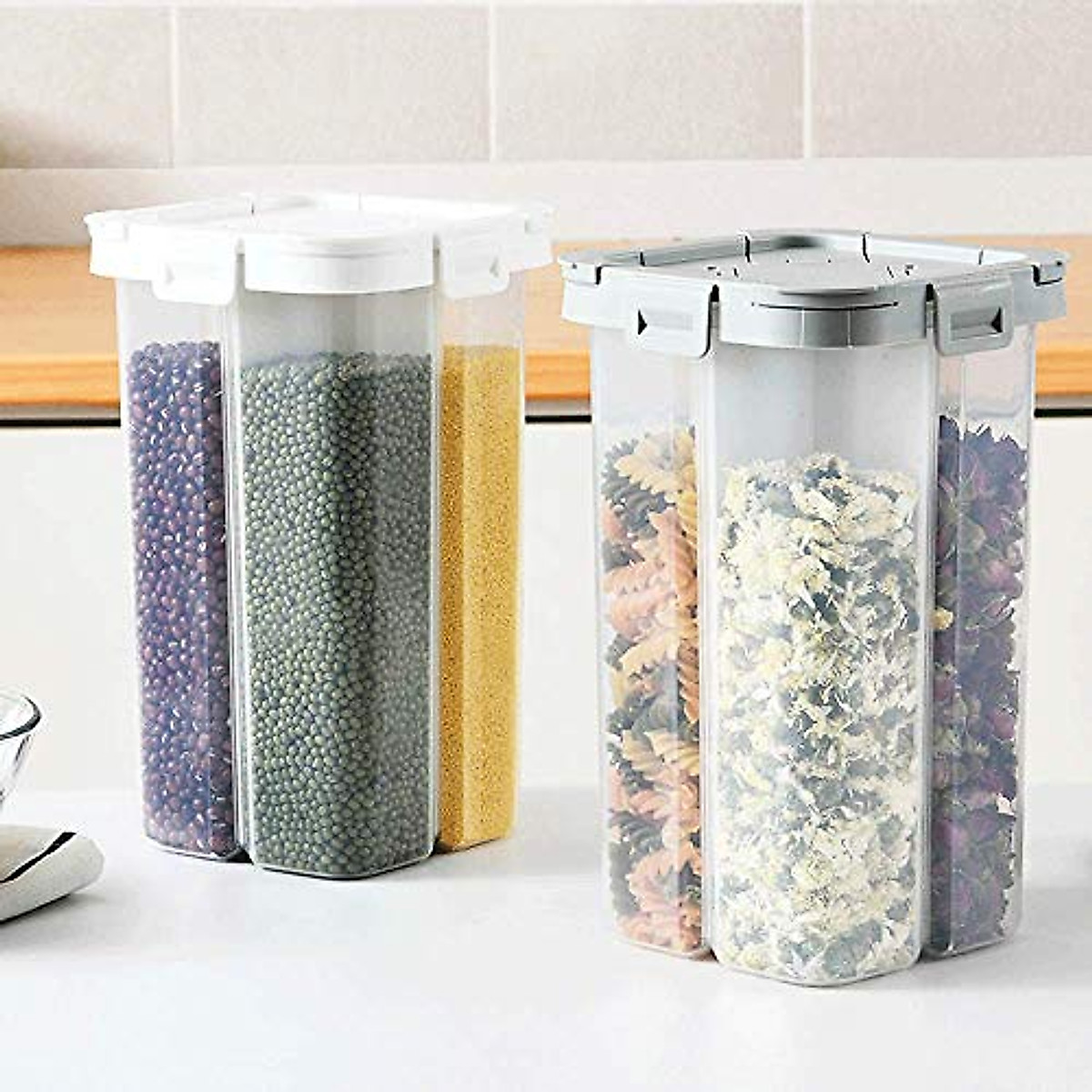 BIPEGE Airtight Cereal Storage Container, Clear 2.3L Airtight Kitchen Food Storage Container with Lids and Compartments for Grain, Sugar, Flour, Rice, Nuts, Snacks