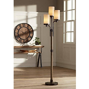 Franklin Iron Works Astoria Rustic Farmhouse Industrial Standing Floor Lamp Tree 3-Light 71" Tall Bronze Faux Wood Faux Tea Alabaster Glass for Living Room Reading House Bedroom Home Office