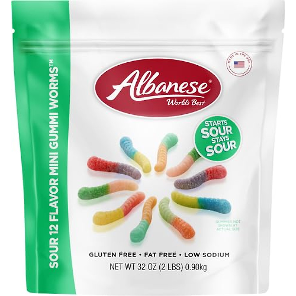 Albanese World's Best Sour 12 Flavor Mini Gummi Worms Candy, 32 Oz Bag