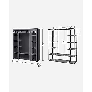 SONGMICS Closet Wardrobe, Portable Closet for Bedroom, Clothes Rail with Non-Woven Fabric Cover, Clothes Storage Organizer, 59 x 17.7 x 69 Inches, 12 Compartments, Gray ULSF03G