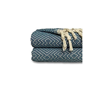 Wellstil Kaira | King Size Cotton Blanket • Vintage Turkish Throw Blankets for Sofa, Couch, Farmhouse and Home Decor • Boho Woven Bedspread • Cozy Breathable Bed Blanket 80x100 inches (Dark Blue)