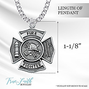 TrueFaithJewelry Sterling Silver Fire-Fighter Shield Medal Cross Pendant Necklace, 1 Inch