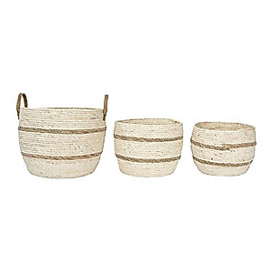 Creative Co-Op Beige & Brown Maize Baskets with Leather Handle (Set of 3 Sizes) Wicker Non-Food Storage, Brown
