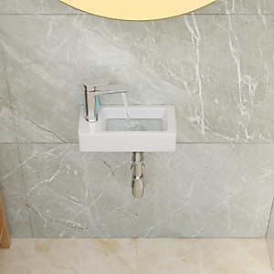 Lordear Small Bathroom Sink Wall Mounted Corner Sink 15"x 7" Floating Hand Wash Basin Wall Hung Left Hand White Ceramic Tiny Vessel Sink for Cloakroom Bathroom