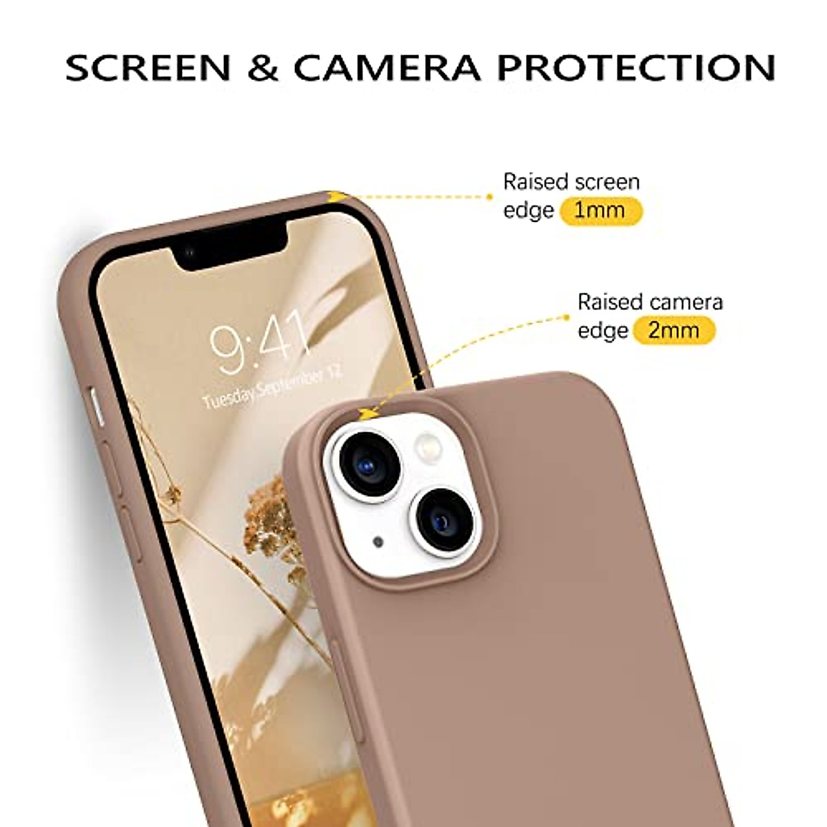 GUAGUA Compatible with iPhone 13 Case 6.1 Inch Liquid Silicone Soft Gel Rubber Slim Thin Microfiber Lining Cushion Texture Cover Shockproof Protective Phone Case for iPhone 13 Khaki