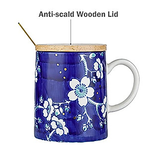 Taimei Teatime Ceramic Coffee Mug Set with Lid and Spoon, 16.9 oz Large Coffee Mug with Handpainted Cherry Blossom Pattern, Tea Cup with Lid for Home| Office, Tea Mug Gift for Women, Blue