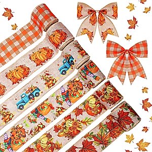6 Rolls Fall Burlap Ribbons 2.5 Inch Wired Edge Pumpkin Maple Leaf Ribbon Rustic Harvest Truck Orange Plaid Ribbon for Autumn Thanksgiving Gift Wrapping DIY Wreath Crafts, 30 Yards