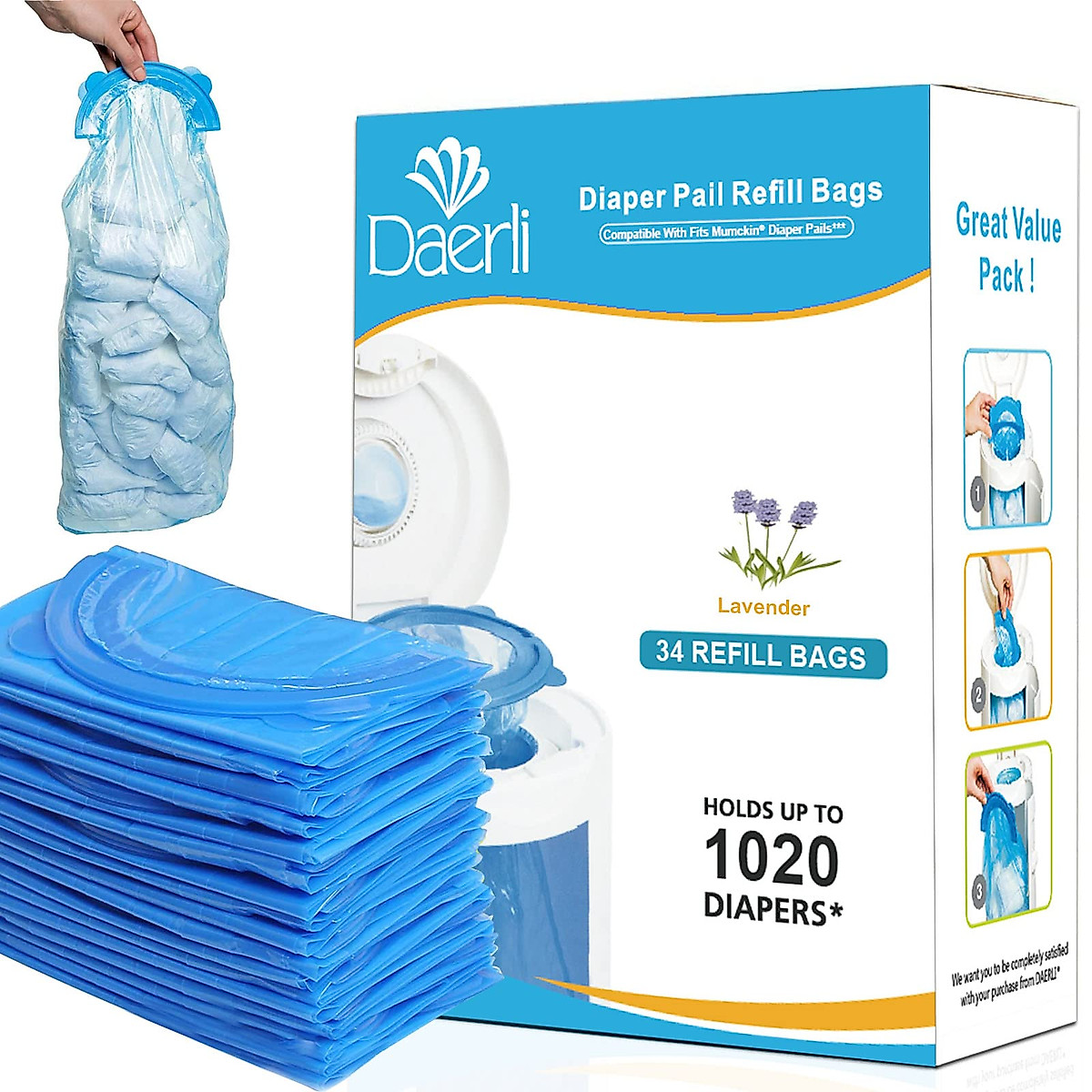 Diaper Pail Refill Bags,Fully Compatible with Arm&Hammer Disposal System Seal and Toss Diaper Pail Refills,Holds up to 1020 Diapers 34 Pack (Lavender)