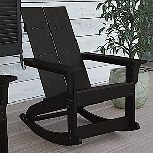 Flash Furniture Finn Modern Commercial Grade Poly Resin Wood Adirondack Rocking Chair - All Weather Black Polystyrene - Dual Slat Back - Stainless Steel Hardware