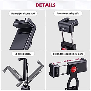 ULANZI Metal Phone Tripod Mount ST-10, Universal 360° Smartphone Adapter with 2 Cold Shoe Mount, Adjustable Cell Phone Clamp Stand Holder, Compatible with iPhone, Samsung Galaxy and All Phones