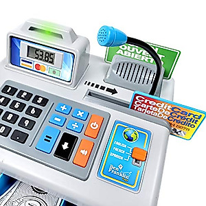 Dr. STEM Toys | Talking Toy Cash Register | STEM Learning 69 Piece Pretend Store with 3 Languages, Paging Microphone, Credit Card, Bank Card, Play Money and Banking for Kids, Silver