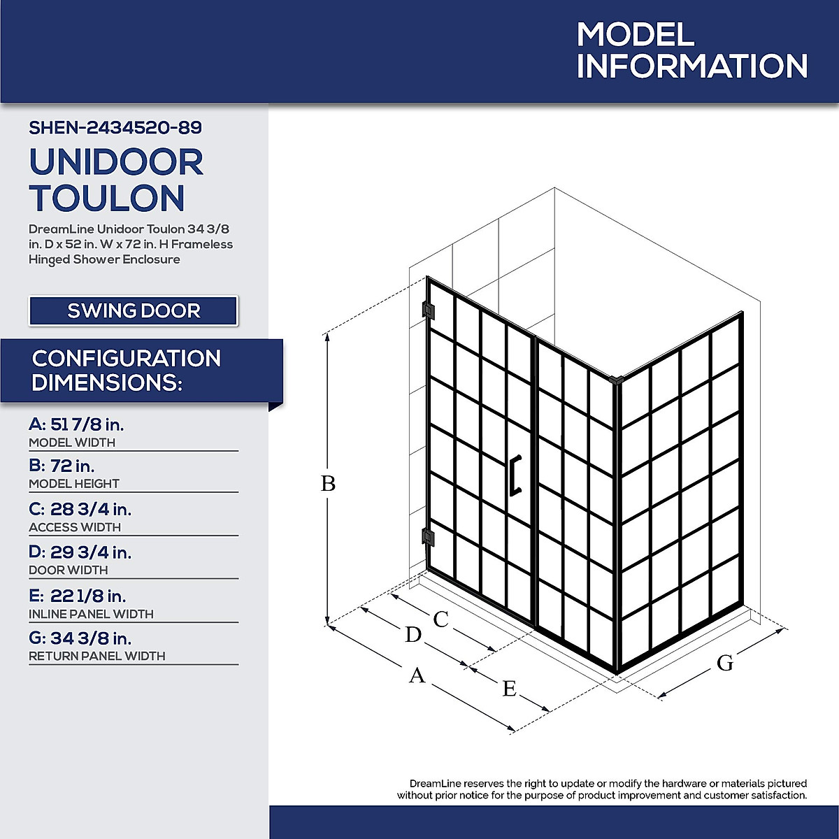 DreamLine Unidoor Toulon 34 in. D x 52 in. W x 72 in. H Frameless Hinged Shower Enclosure in Satin Black, SHEN-2434520-89