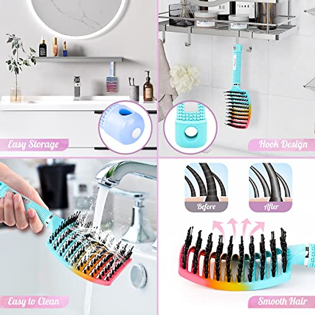 Boar Bristle Hair Brush, Curved Vented Detangler Brush Faster Blow Drying, Paddle Detangling Brush for Women Men Kids Wet Dry Long Curly Thick Straight Hair, Make Hair Shiny and Healthier(Green+Blue)