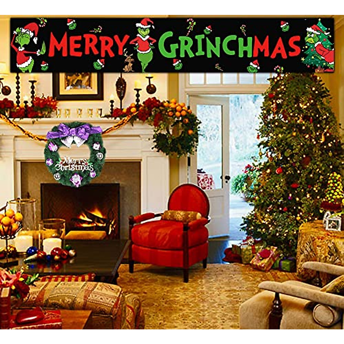 Huras Large Merry Grinchmas Sign Banner Grinch Theme Christmas Banner Christmas Party Supplies Decorations Black Xmas Holiday New Year Party Supplies Christmas Yard Sign Banner - 9.8 X 1.6 FT