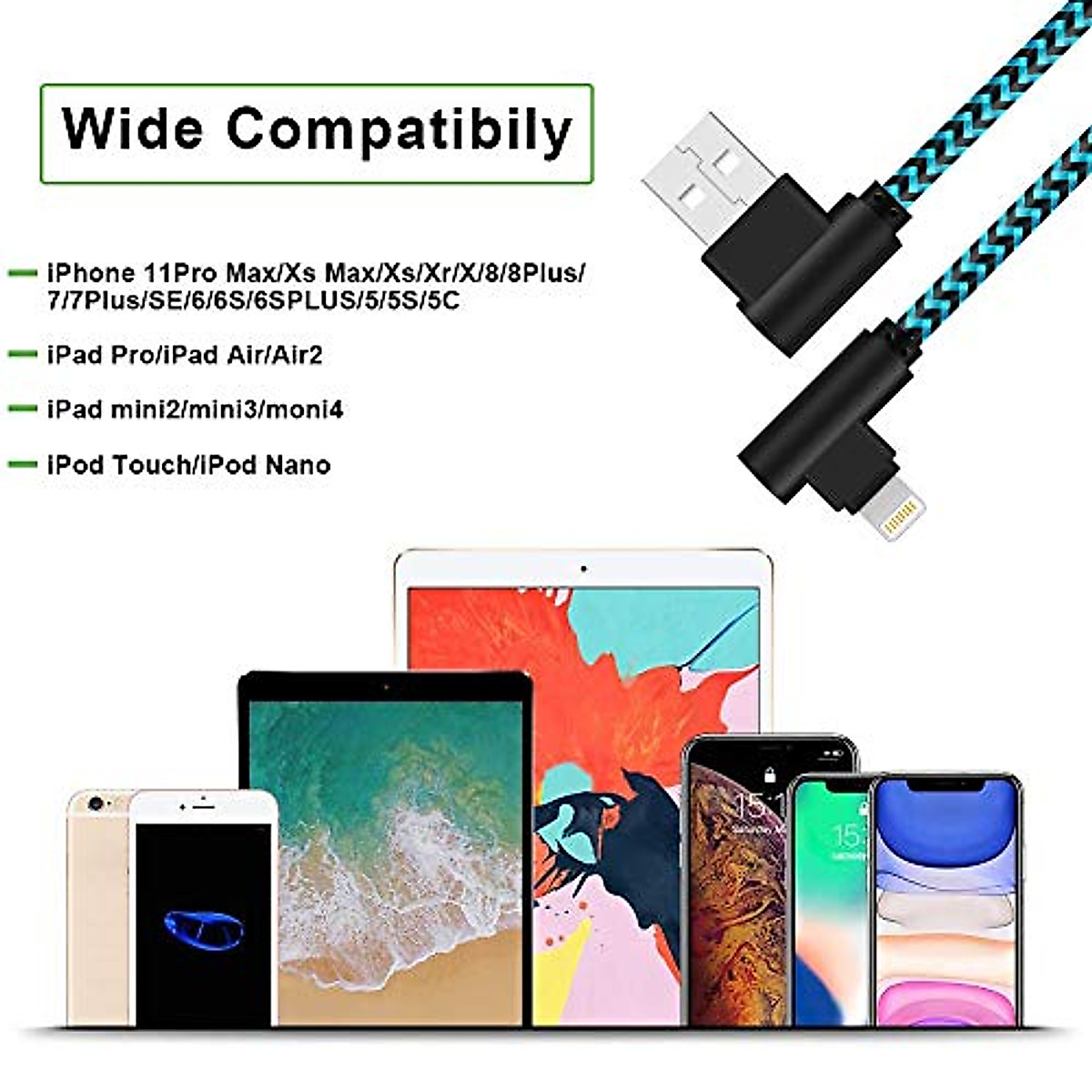 iPhone Charger Cord Right Angle Lightning Cable 5 Pack (3/3/6/6/10FT) Nylon Braid 90 Degree Charging Cord Fast Charging & Data Sync Cord Long Compatible iPhone 13 12 11 Pro XS Max/X/8/7/Plus iPad Blue