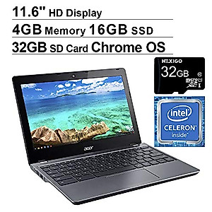 Acer Chromebook C740 11.6 Inch Non-Touch Laptop, Intel Celeron 3205U 1.5 GHz, 4GB DDR3L RAM, 16GB SSD, WiFi, Bluetooth, HDMI, Webcam, Gray, Chrome OS + NexiGo 32GB MicroSD Card Bundle (Renewed)