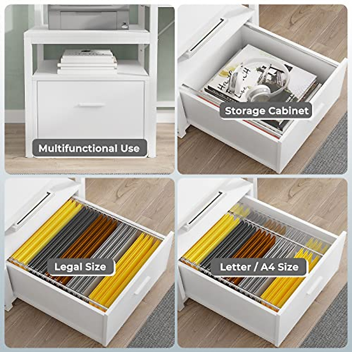 SEDETA L Shaped Gaming Desk, 66" Home Office Desk with File Drawer & Power Outlet, Gaming Desk with Led Lights, Corner Computer Desk with Monitor Shelf, Printer Storage Shelves, Two Person Desk, White