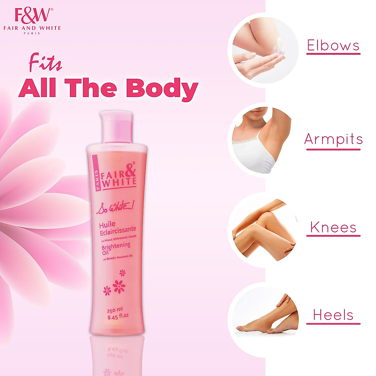 FAIR & WHITE So White Body Oil, 250ml / 8.45fl.oz - with Vitamin E, Almond Oil and 'Lumiskin', Hydrating Formula for Wrinkles, Dryness and Dark Spots