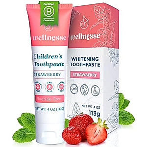 Wellnesse Kids Hydroxyapatite Toothpaste & Fluoride-Free - Natural Ingredients w/Strawberry Flavor - Suitable for Toddlers to Baby Kids Toddler - Sensory Friendly, Vegan & Cruelty-Free