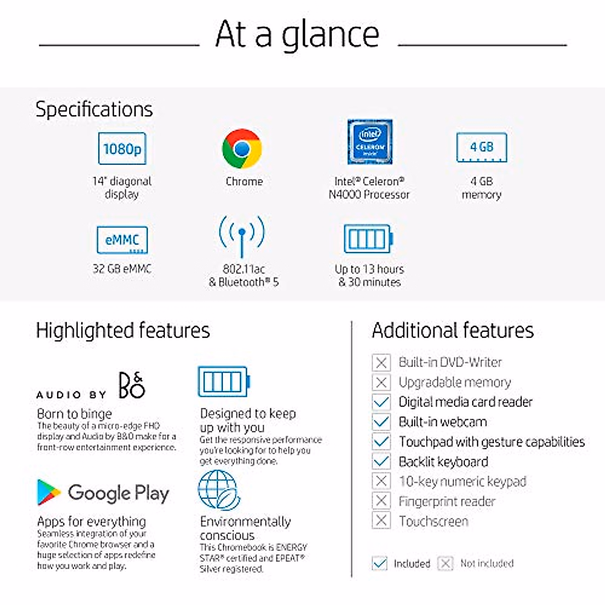 HP Chromebook 14-inch FHD Laptop, Intel Celeron N4000, 4 GB RAM, 32 GB eMMC, Chrome (14a-na0050nr, Mineral Silver) (Renewed)