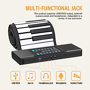 KONIX 88 Keys Roll Up Piano, Upgraded Portable Rechargeable Hand Roll Piano Keyboard, 128 Rhythms, 128 Tones, Roll Out Keyboard Piano with LED Display MIDI Function, Best Gift for Kids and Beginners