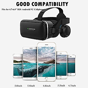 VR Headset Virtual Reality Headset w/Headphones for iPhone 14 13 12 11 X 8 7 6 Plus SE, Samsung Galaxy S8 S7 S6 Edge Note5, 3D VR Glasses for 3D Movie & Game for 4.0-6.0” iOS & Android Smartphone