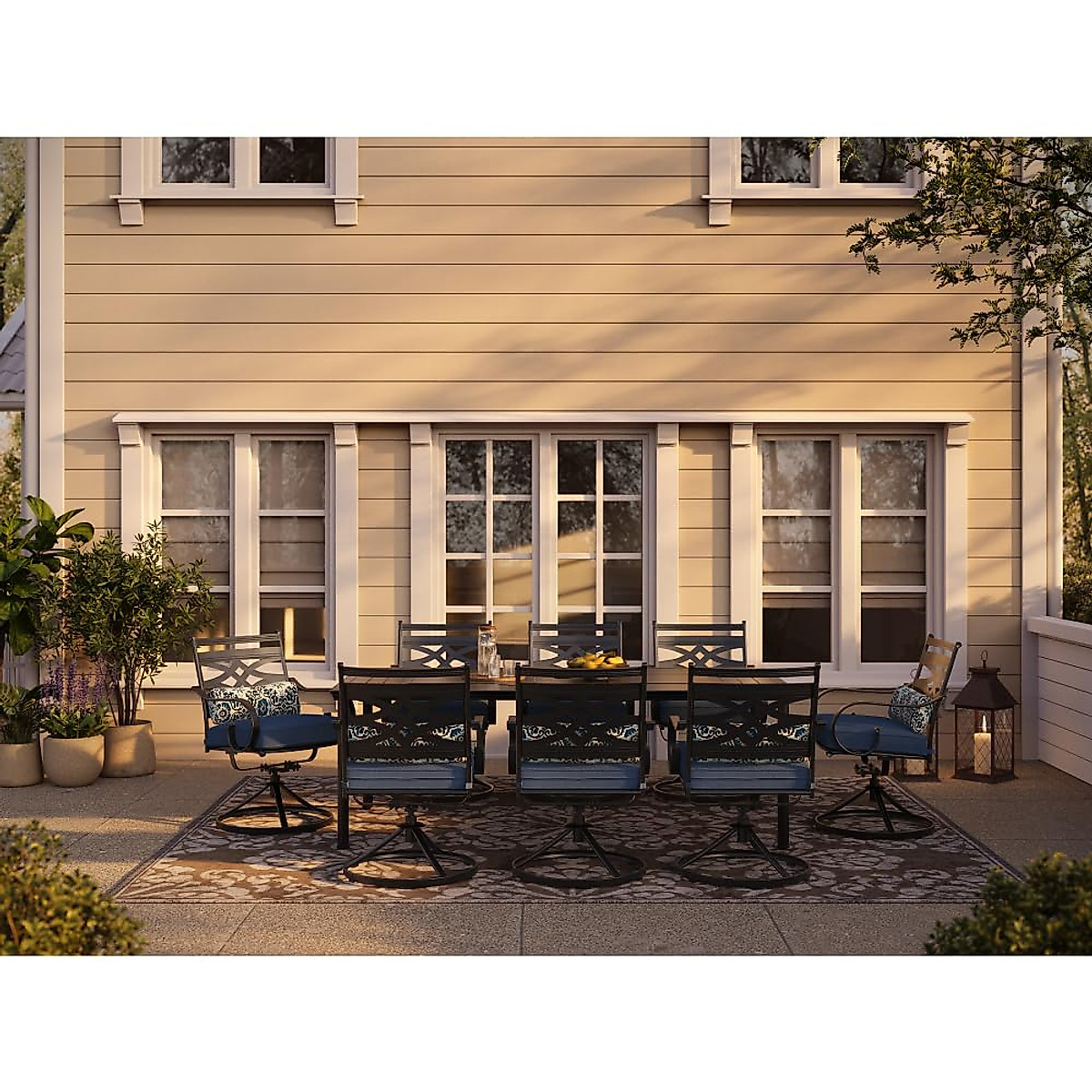 Hanover Montclair 9-Piece Outdoor Dining Set, 8 Swivel Rocker Chairs with Comfortable Seat and Lumbar Cushions, 84"x42" Stamped Rectangle Table, All-Weather Patio Dining Set for 8 for Backyard, Patio