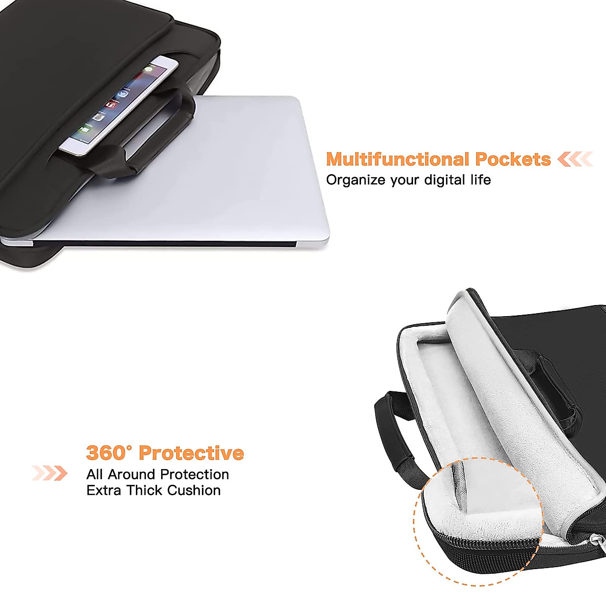 MOSISO 360 Protective Laptop Shoulder Bag Compatible with MacBook Air 15 inch M2 A2941 2023/Pro 16 inch M3 M2 M1 2023-2019, 15-15.6 inch Notebook,Matching Color Sleeve with Belt, Black