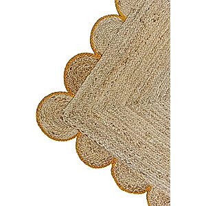 THE PIKKU INTERNATIONAL - Handmade Jute Rug Beige with Scallop Yellow Border Rectangle Hand Woven Farmhouse Jute Area Rug (7 x 11 ft)