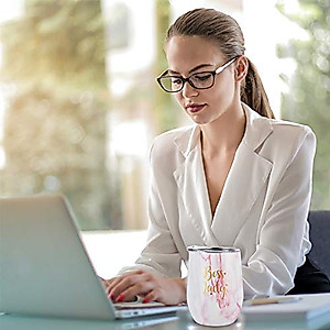 Qtencas Boss Lady Wine Tumbler Cupcake Wine Socks Set, Bosses Day Christmas Gifts for Women Boss Mom Female Friends Insulated Stainless Steel WineTumbler with Lid (12 oz, Pink Marble)