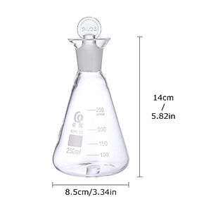 ULTECHNOVO Erlenmeyer Flask, Glass, 250 ml Narrow Mouth Conical Flasks with Ground Glass Stoppers, Graduated Borosilicate Glass Flask for School Lab Experiment