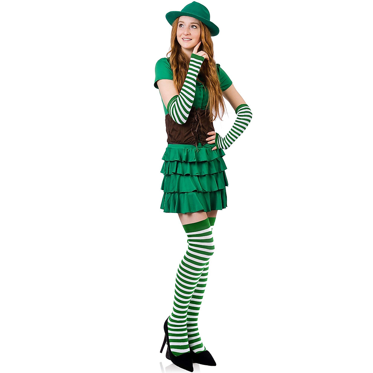 Blulu St Patrick's Day Knee High Socks Green Striped Fingerless Gloves Irish Arm Warmers