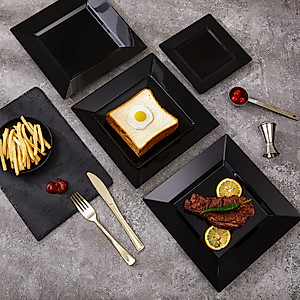 N9R 60 Pack Black Square Plastic Plates (9.5'' Dinner, 6.5'' Dessert/Salad) - Classic, Disposable, BPA Free, Reusable & Recyclable - Great for Parties & Weddings
