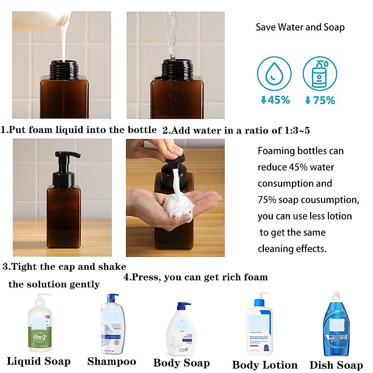 2 Pack Foaming Soap Dispenser 15oz Refillable Foam Liquid Hand Soap Empty Plastic Pump Bottle Container for Bathroom Vanities, Kitchen Sink, Hospital, Clinic, Amber Brown 450ml