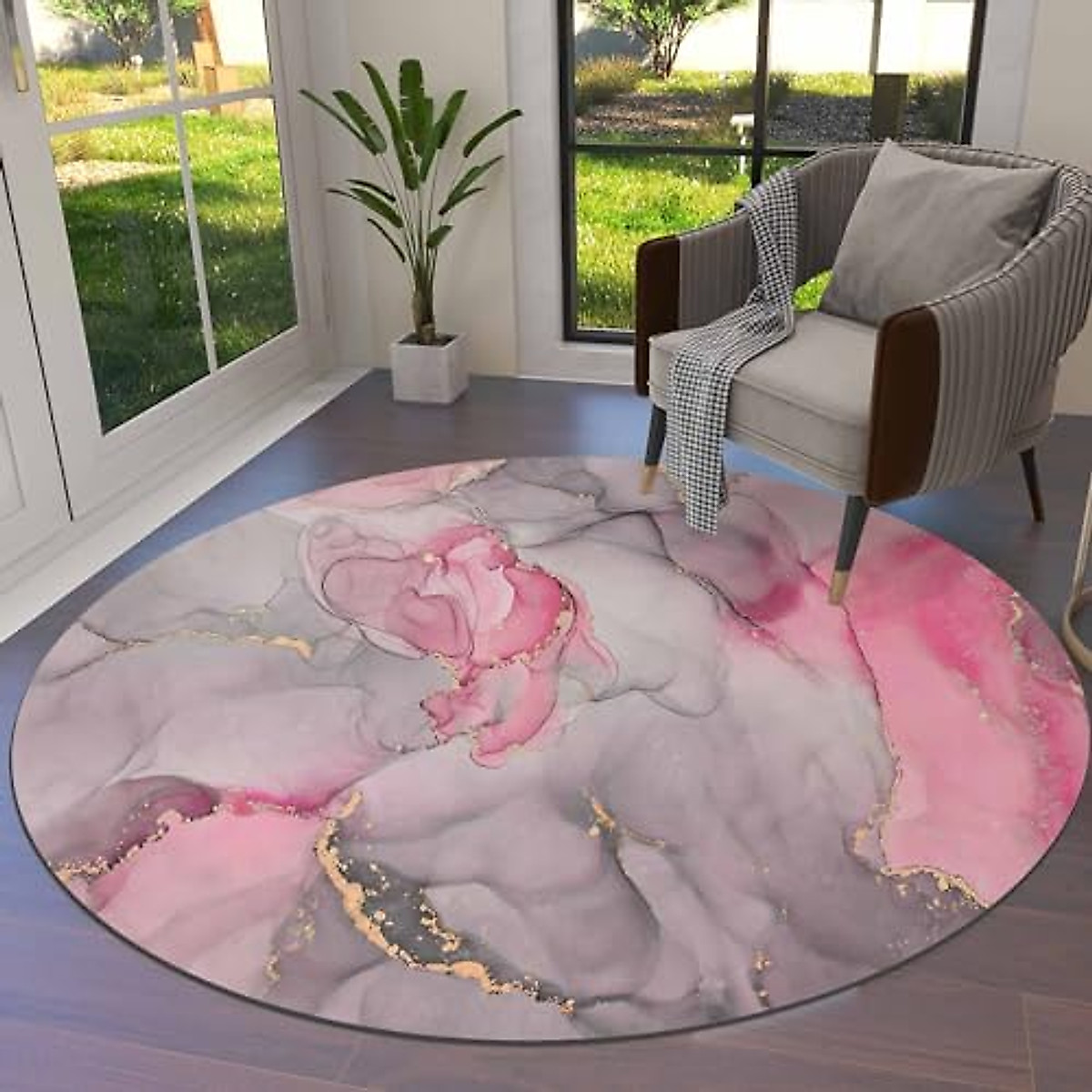 Pink Marble Area Rug Carpet for Kids Teen Girls Boys Bedroom, Living Room, Washable Outdoor Indoor Accent Throw Runner Floor Mat Area+Rug Gold Line Contemporary Geometric Grey 6FT(Round)