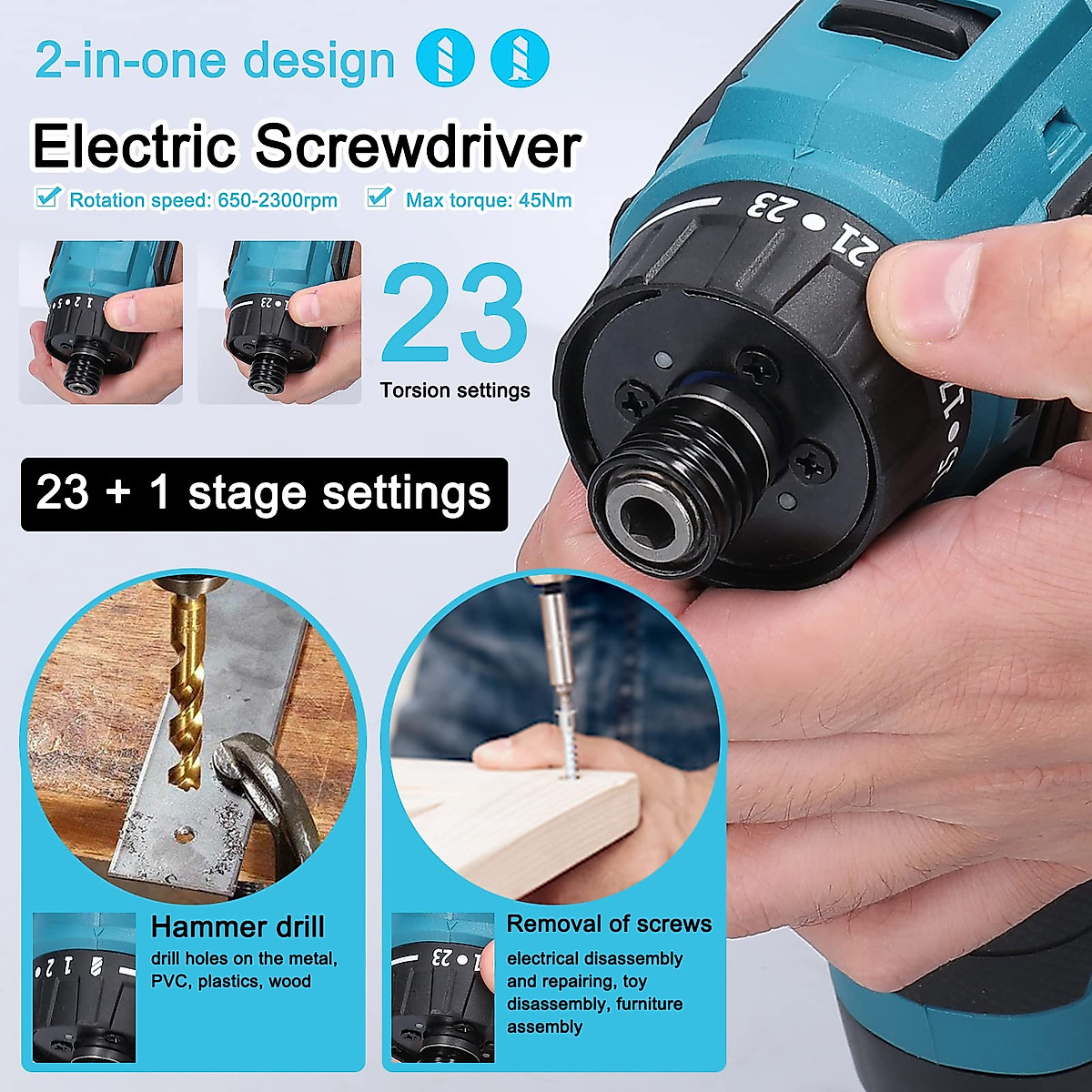 Cordless Screwdriver, Weytoll 18V Electric Screwdriver, Brushless Lithium Screwdriver tool kit, Electric Screw Driver with Torque Adjustable, 2 Speed Control for Mobilephones Computers Home Appliances