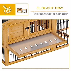 PawHut 2 Levels Outdoor Rabbit Hutch with Openable Top, 59" Wooden Large Rabbit Cage with Run Weatherproof Roof, Removable Tray, Ramp, Yellow