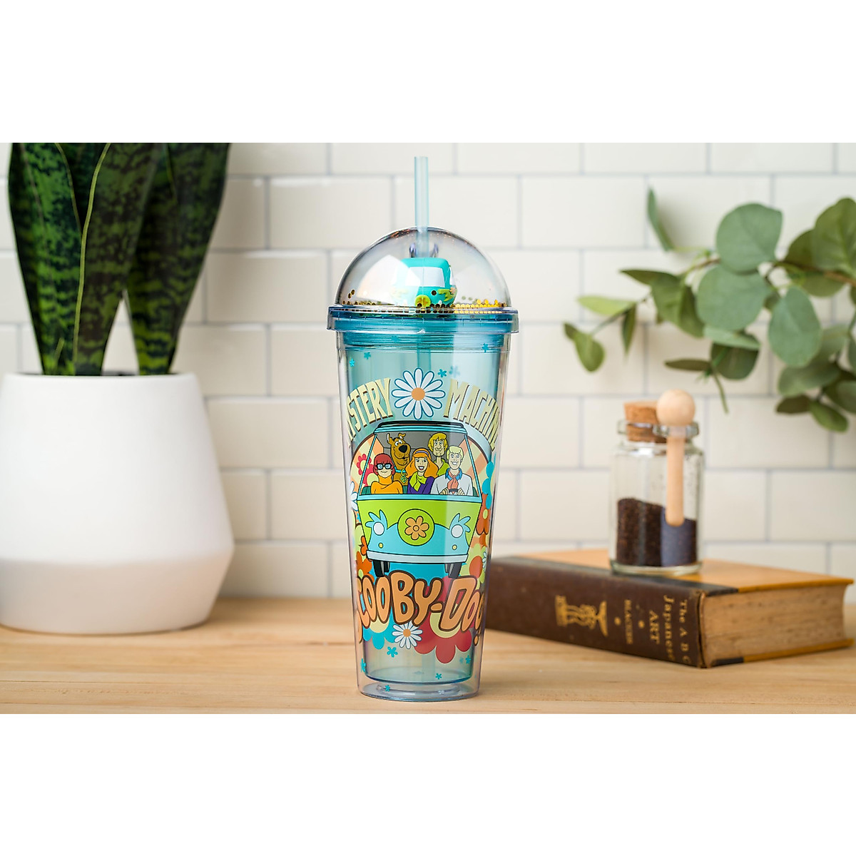 Silver Buffalo Scooby Doo Mystery Machine Featuring Shaggy, Velma, Daphne, and Fred Dome Glitter Top Travel Tumbler, 24 Ounces