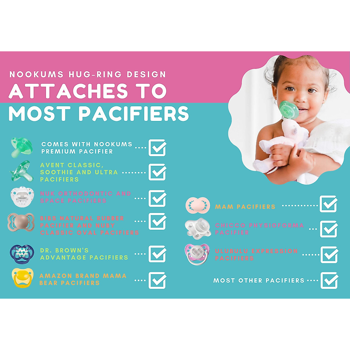 Nookums Paci-Plushies Buddies Adapts to Most Name Brand Pacifiers, Safe and Suitable for All Ages, Plush Toy Includes Detachable Pacifier (Ella The Elephant)