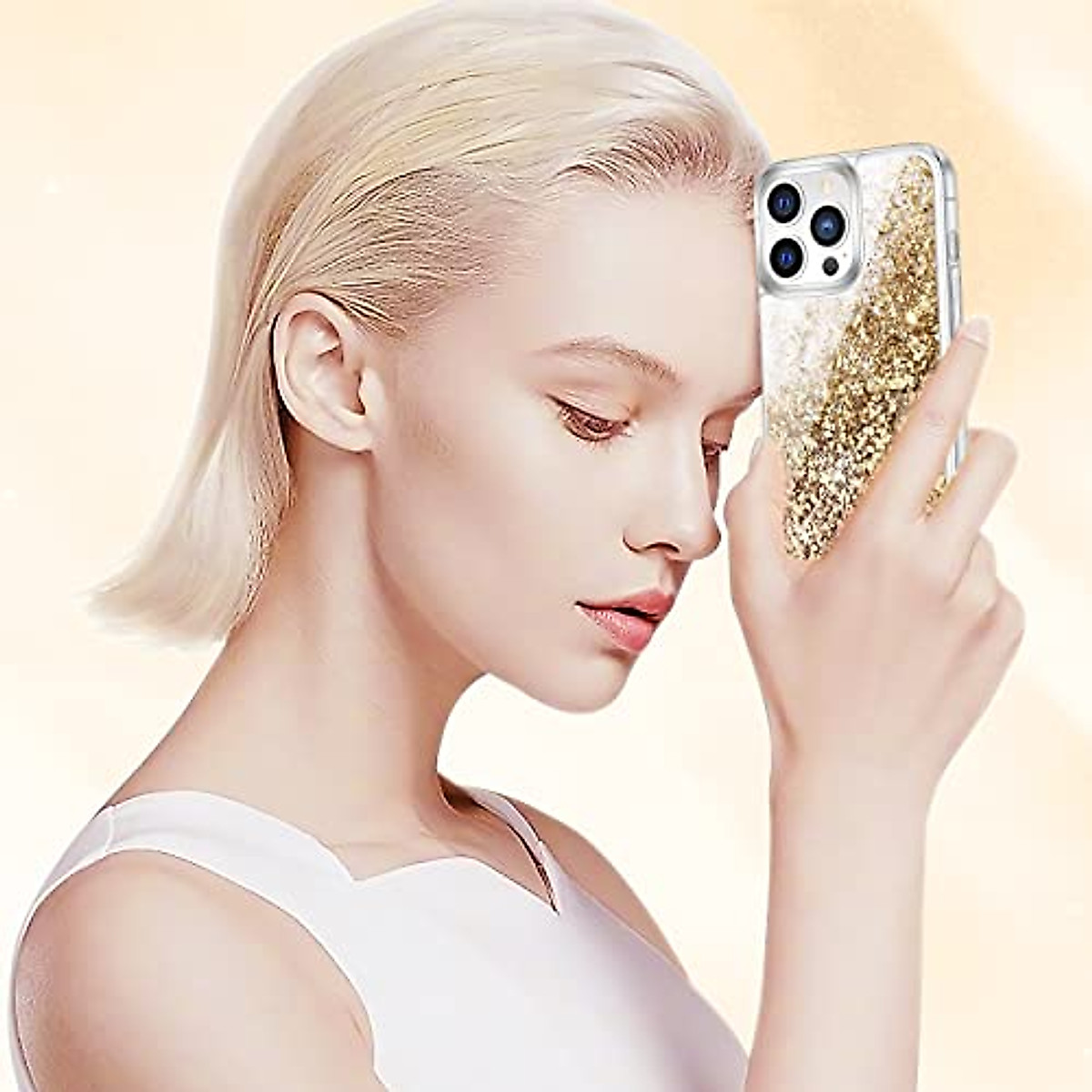 Caka for iPhone 14 Pro Max Case, iPhone 14 Pro Max Phone Case Glitter Bling Sparkle Liquid for Women Girls Flowing Quicksand Clear Case Cover for iPhone 14 Pro Max 2022 - Gold